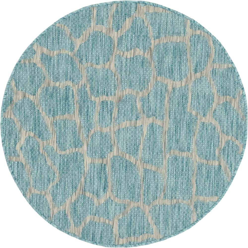 Unique Loom Outdoor Giraffe Aqua Blue 4 ft. Round Area Rug 3145207 ...