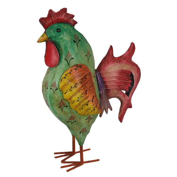 Benjara Rookie 26 in. Metal Green and Red Garden Decor Rooster BM324573 ...