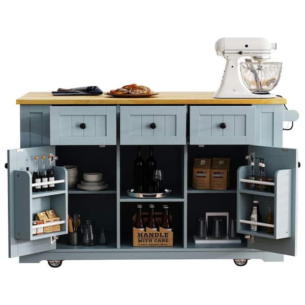 Large Grey Blue Kitchen Cart with 2 Bar Stools and 5 Open Side Shelves ...