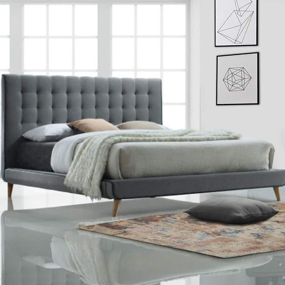 Benjara Gray Wood Frame Queen Size Panel Bed with Padded Headboard ...