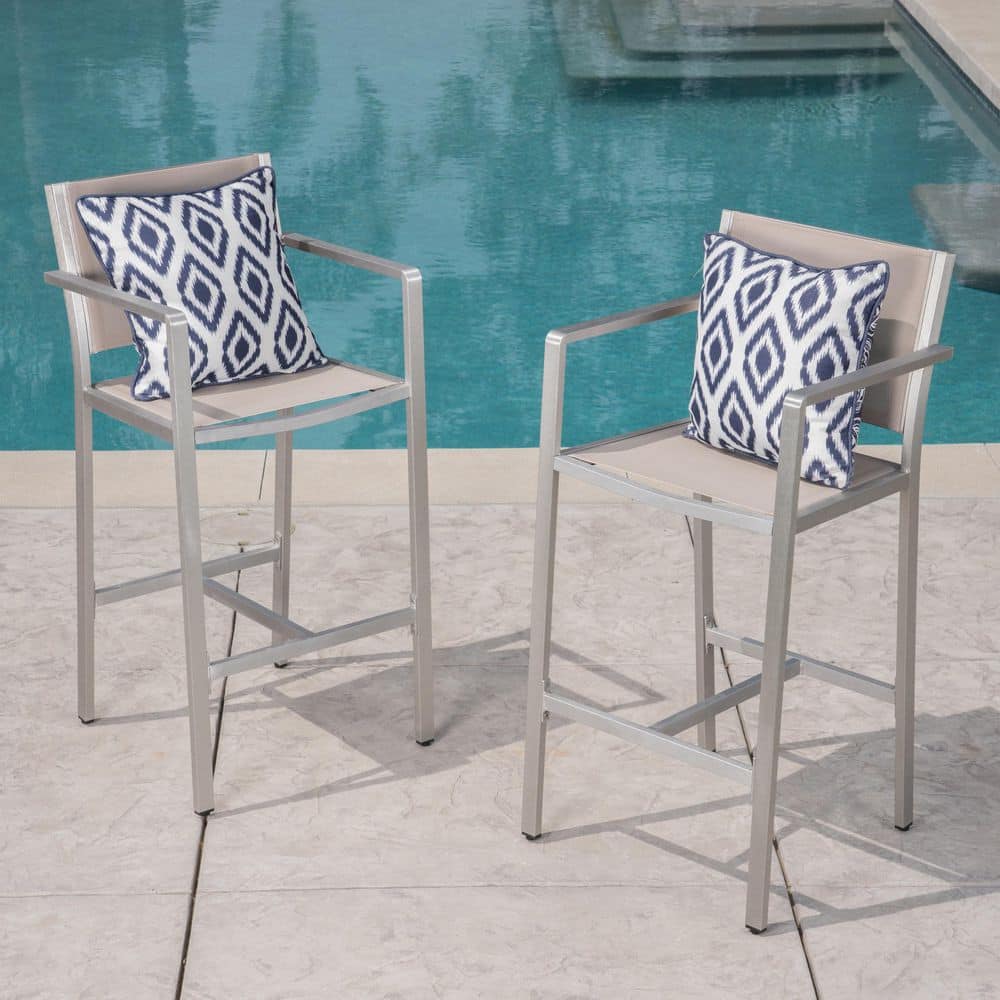 29.50 in. Metal Outdoor Bar Stool with Silver Rust-Proof Aluminum Frame ...
