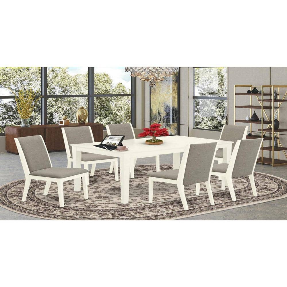 East West Furniture 7-Piece Rectangle Linen White Finish Solid Wood Top ...