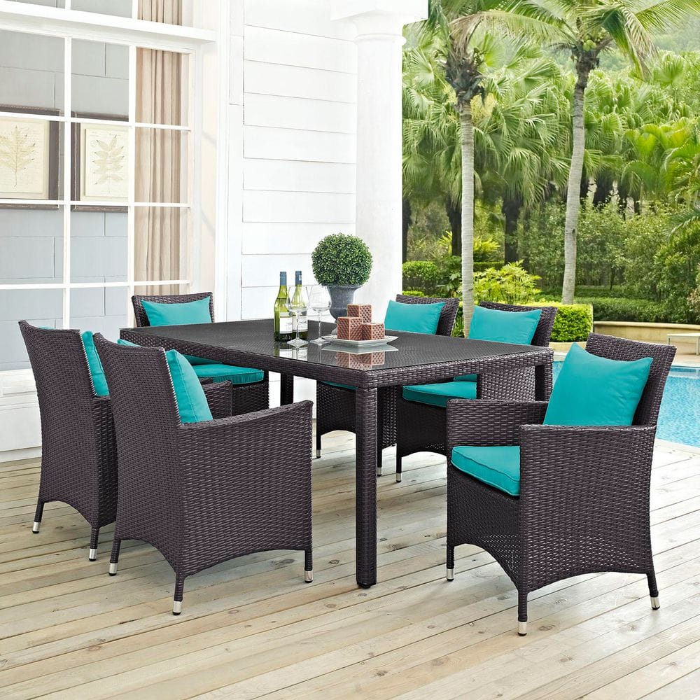 MODWAY Convene Espresso 7-Piece Wicker Rattan Patio Outdoor Dining Set with Turquoise Cushions ...