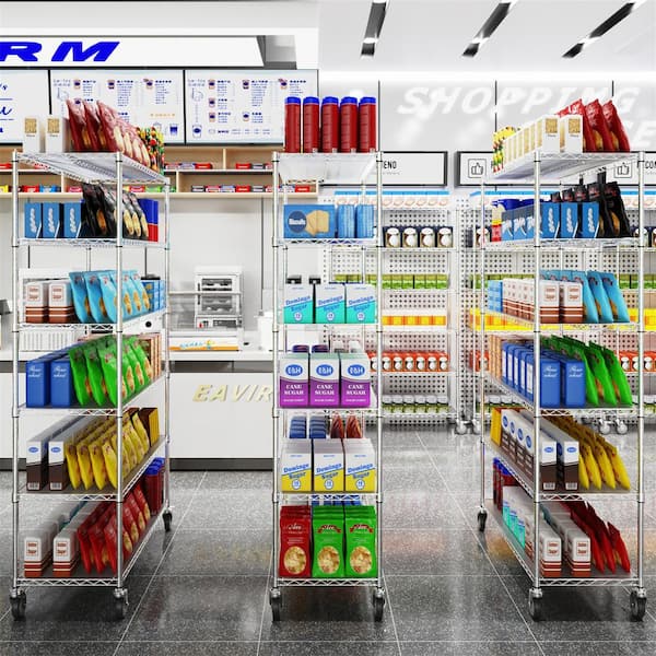 FUNKOL 6-Tier Heavy-Duty Storage Wire Rack with Wheels, Chrome 6000 lbs. NSF Height Adjustable ...