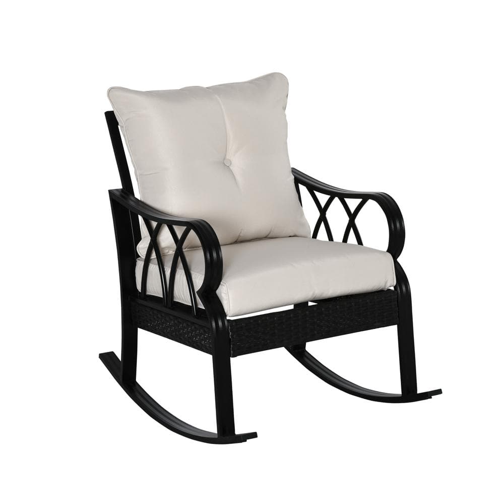 Sudzendf Black Metal Outdoor Rocking Chair with Beige Cushions ...