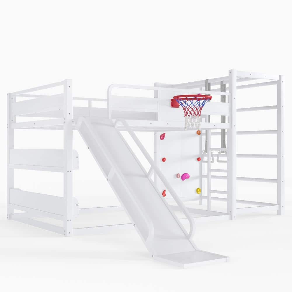 Nestfair White Full Loft Bed with Basketball Hoop,Built-in Bookshelves ...