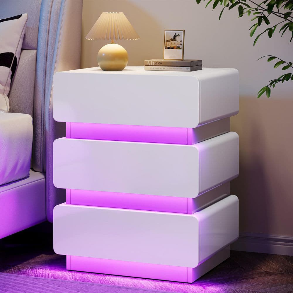 BYBLIGHT White 3-Drawers 19.68 in. W Nightstand with LED Lights ...