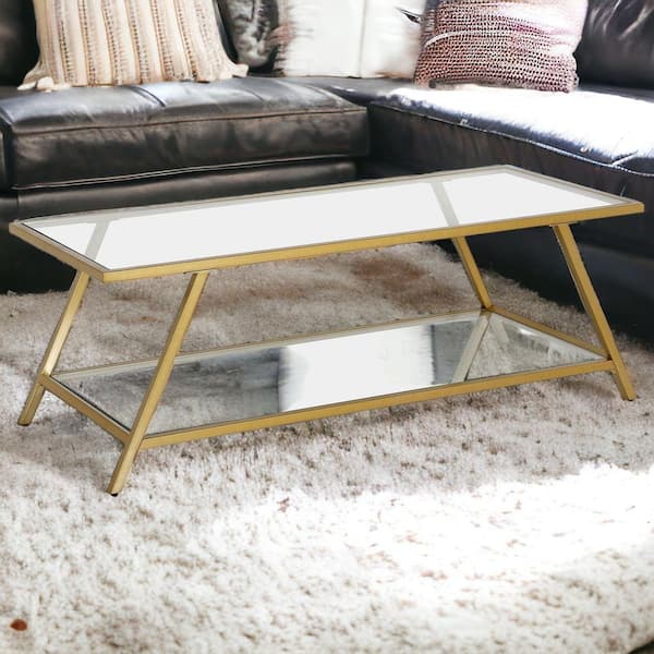 HomeRoots 48 in. Gold Rectangle Glass Coffee Table with Shelves;Storage ...