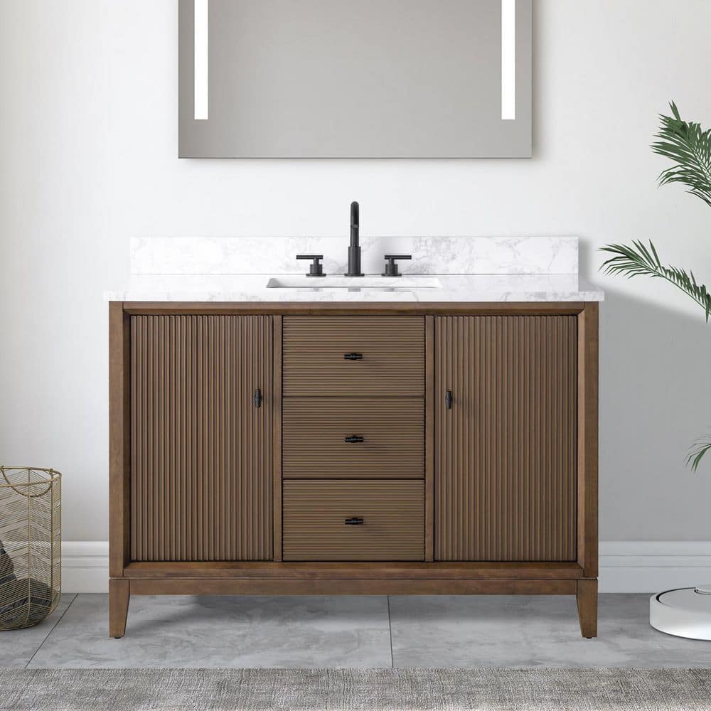 Vanity Art 48 in. W x 22 in. D Single Sink Freestanding Walnut Bath Vanity Cabinet with White ...