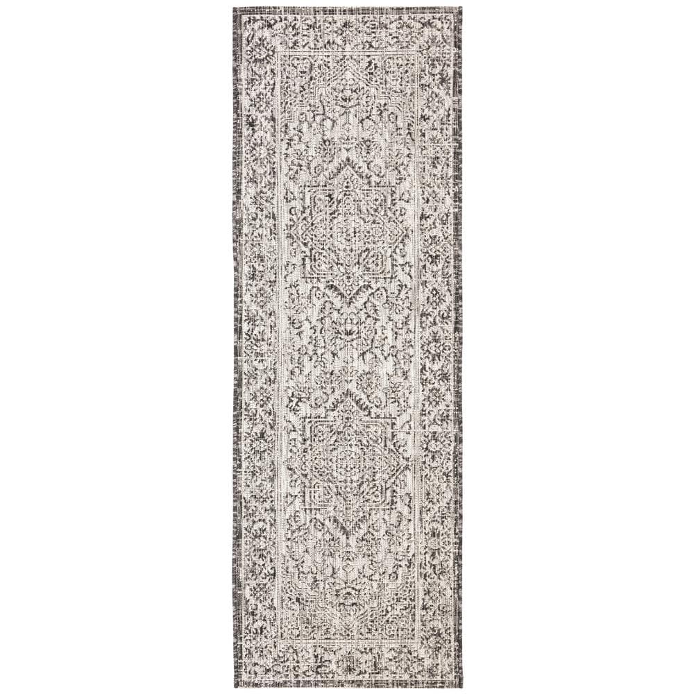 SAFAVIEH Courtyard Slate/Gray 2 ft. x 8 ft. Border Medallion Floral ...