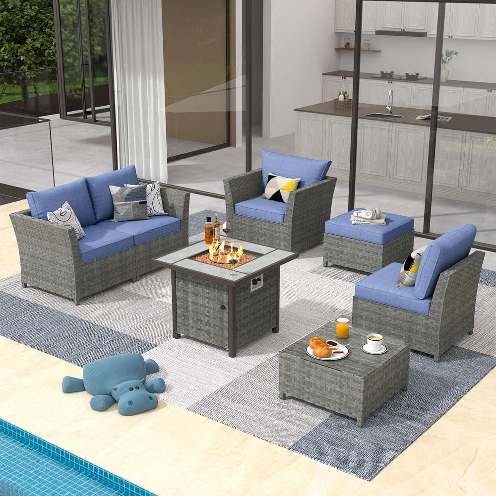 XIZZI Fontainebleau Gray 7-Piece Wicker Outerdoor Patio Fire Pit Set ...