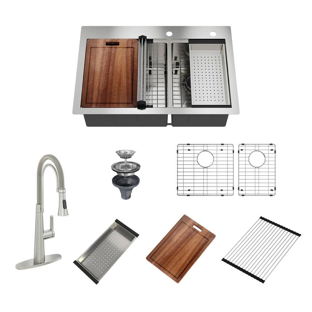 CASAINC 33 in. Top Mount Drop-in Double Bowl 18-Gauge Stainless Steel ...