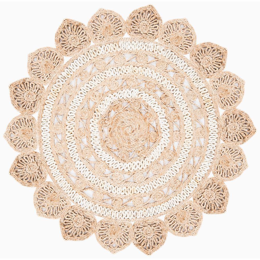 SAFAVIEH Natural Fiber Ivory/Beige 4 ft. x 4 ft. Woven Floral Round ...