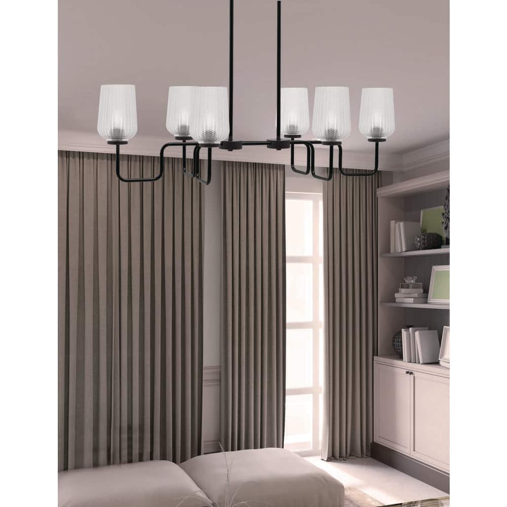 Elonia 6 Light Matte Black Linear Chandelier with 5 in. Clear Textured ...