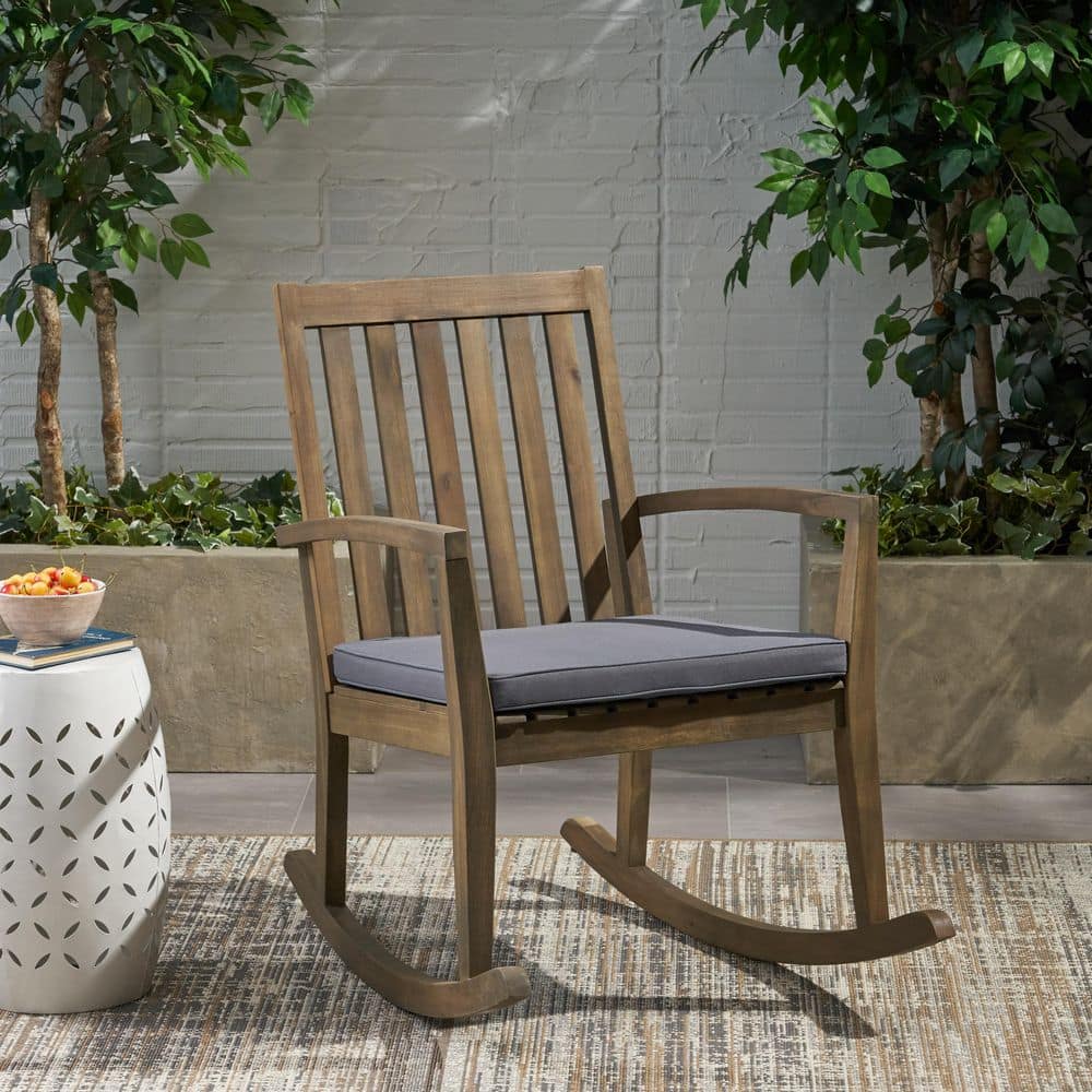 MEOOEM 1-Piece Acacia Wood Outdoor Rocking Chair with Gray Cushions ...