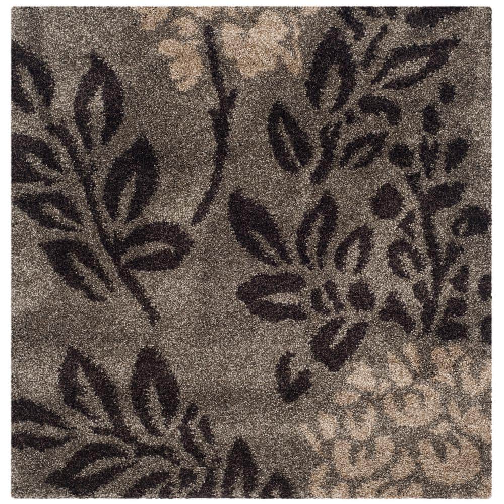 SAFAVIEH Florida Shag Smoke/Dark Brown 4 ft. x 4 ft. Square Floral Area ...