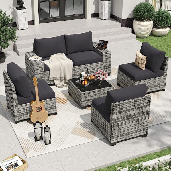Sizzim Black 6-Pieces Rattan Wicker Steel Patio Outdoor Sectional Set ...