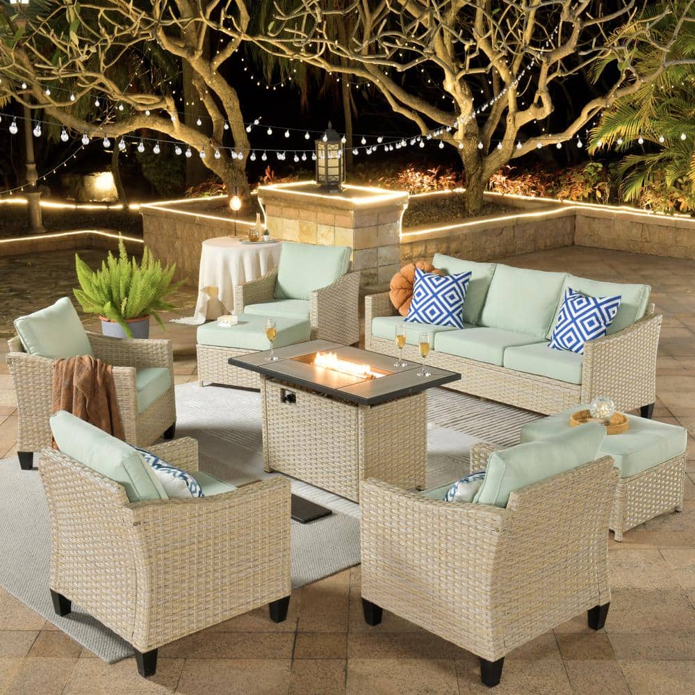 weaxty W Camelia C Beige 8-Piece Wicker Patio Rectangular Fire Pit ...
