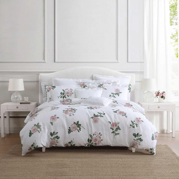 Tea Rose 3-Piece White/Pearl Peach/Pink Clay Cotton Sateen Full/Queen ...