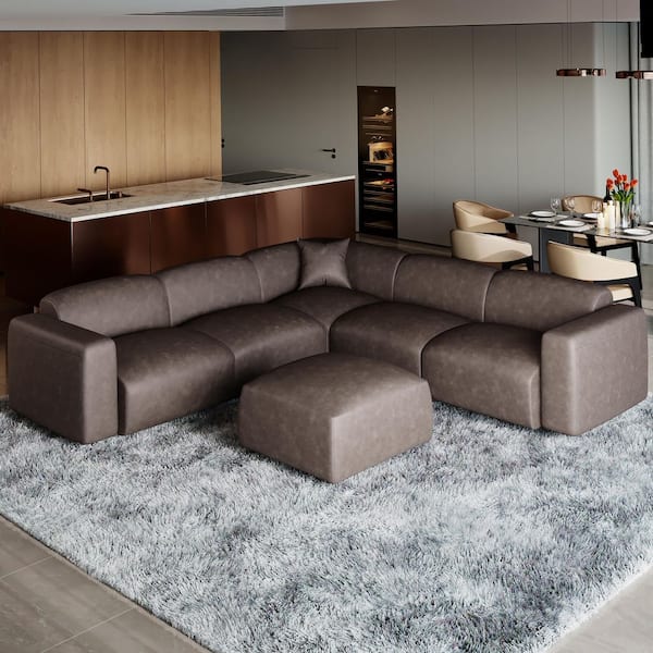 Leisuremod Whisper 39.37 in. Square Arm 6-Piece Leather Modular ...