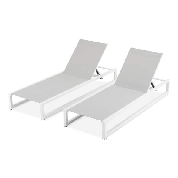 White Frame + Light Grey Mesh Metal Outdoor Chaise Lounge (Set of 2) TT ...