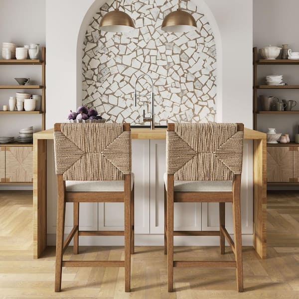 Nathan James Beacon 24 in. Bohemian Boucle Upholstered Wood Counter Height Bar Stool w Woven Back Cream Boucle Light Brown 23701
