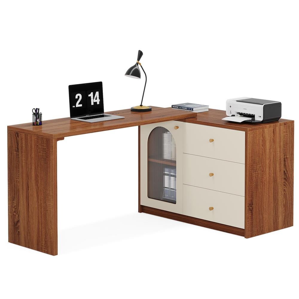 BYBLIGHT 82.67 in. L Shaped Walnut and Beige Engineered Wood 3-Drawer ...