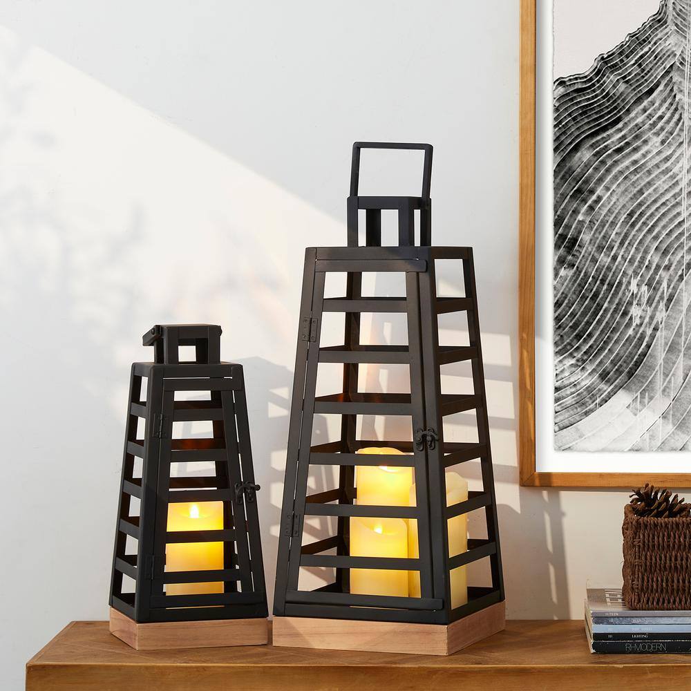 Glitzhome Black Modern Trapezoid Metal/Wood Lanterns (Set of 2 ...
