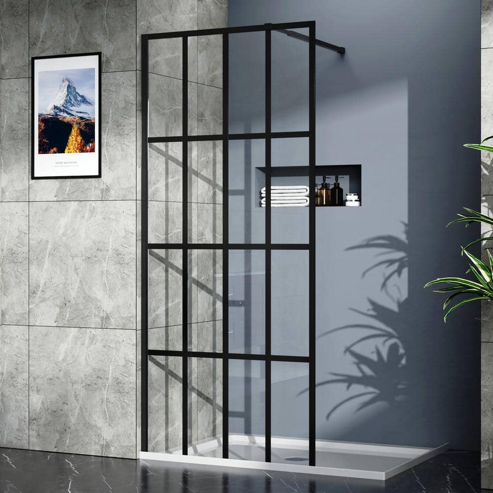Tileon 34 in. W x 72 in. H Framed Black Grid Single Fixed Panel Corner ...