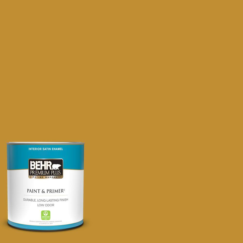 BEHR PREMIUM PLUS 1 qt. #M290-7 Turmeric Satin Enamel Low Odor Interior ...