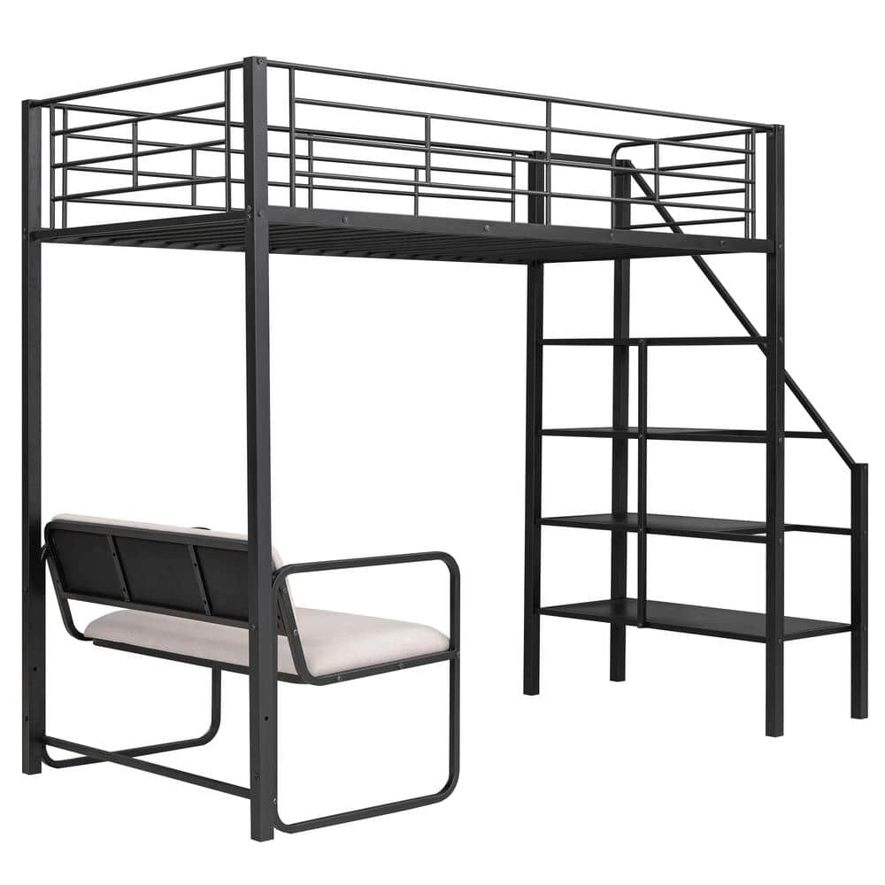 Polibi Twin Size Metal Loft Bed with Bench and Storage Staircase, Black RS-87919AABT - The Home ...