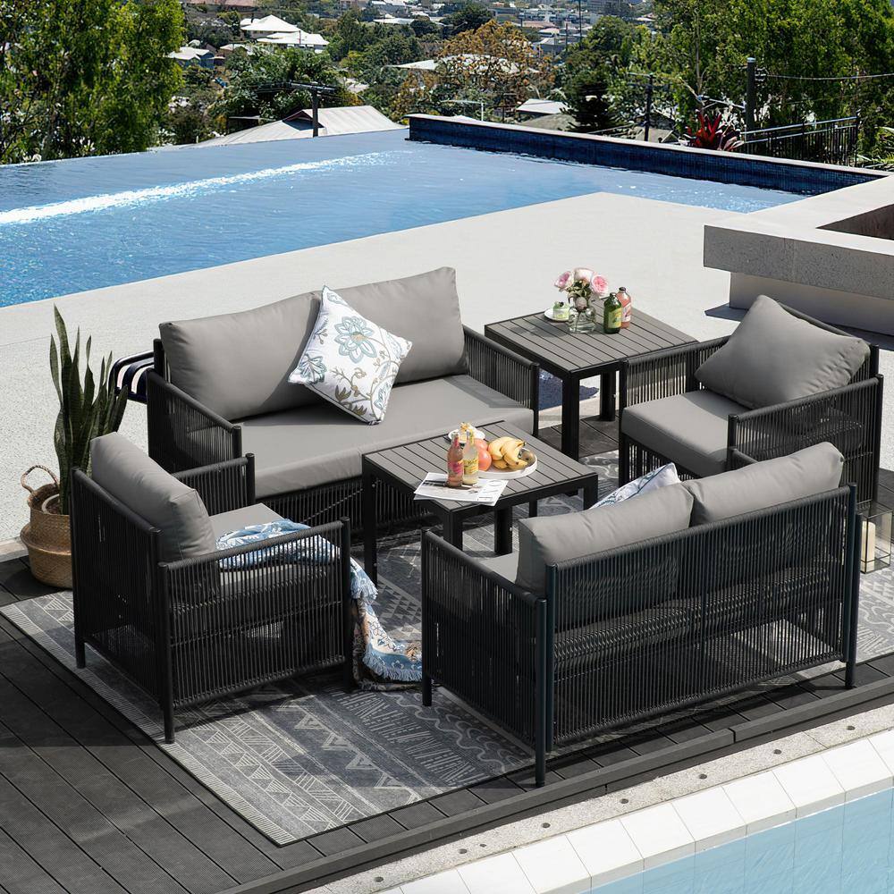 NICESOUL Modern Gray 6-Piece Metal Patio Conversation Set with Gray ...