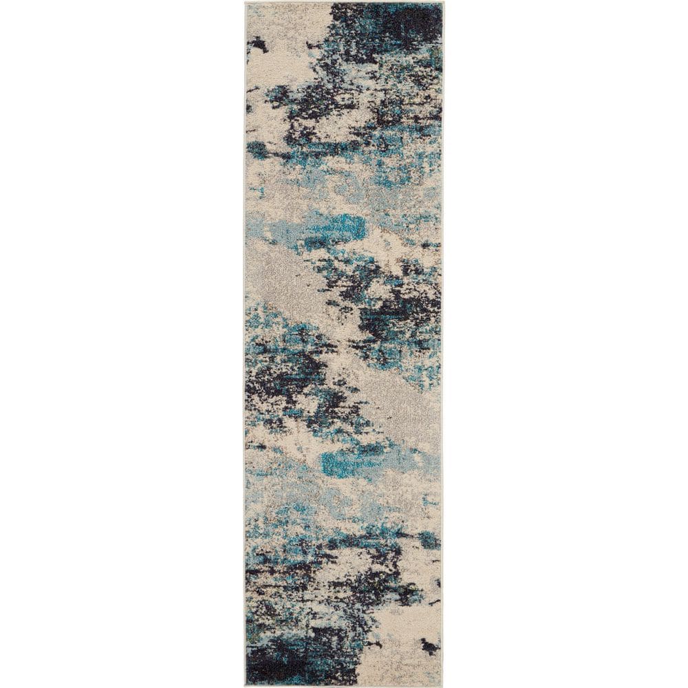 Nourison Celestial Ivory/Teal Blue 2 ft. x 8 ft. Abstract Modern ...
