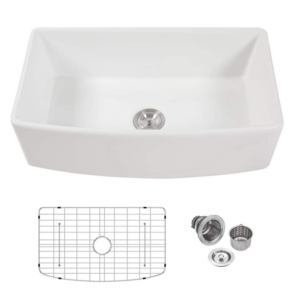 Logmey 30 in. Farmhouse Single Bowl White Glossy Fireclay Kitchen Sink ...