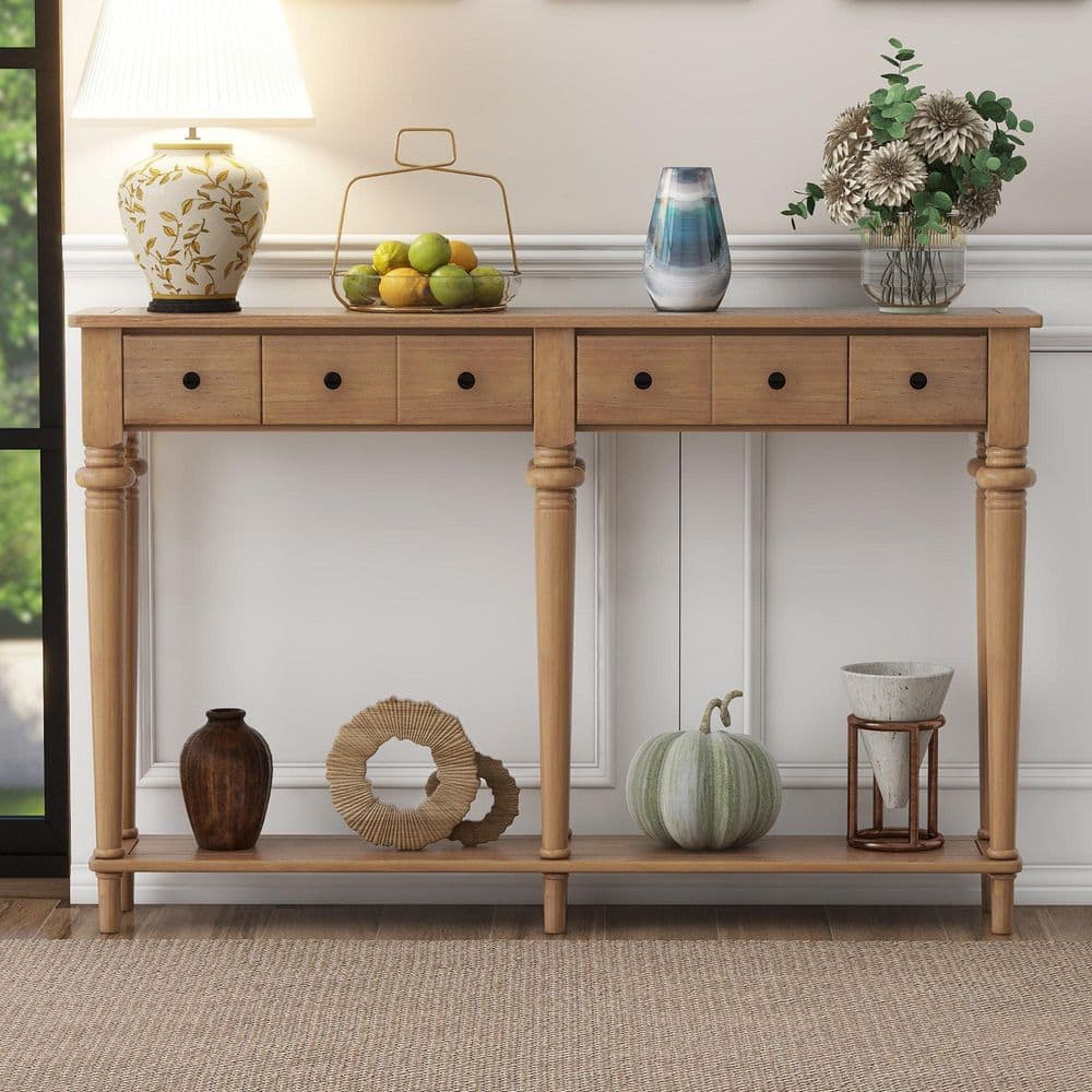 Polibi 59.8 in. Old Pine Rectangle Wood Console Table Entryway Table ...
