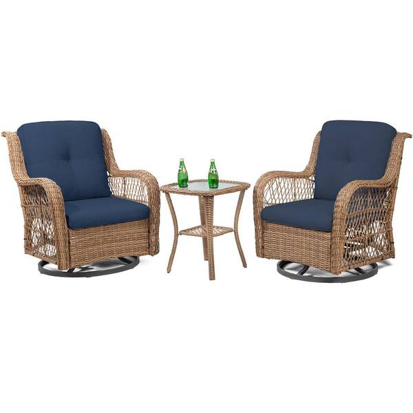 3-Piece Wicker Yellow Swivel Outdoor Rocking Chairs Sets of 2 and ...