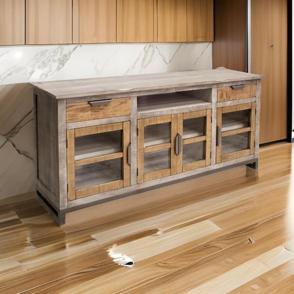 Benjara Gray, Brown and Clear TV Stand Fits TVs up to 65 to 70 in. with ...