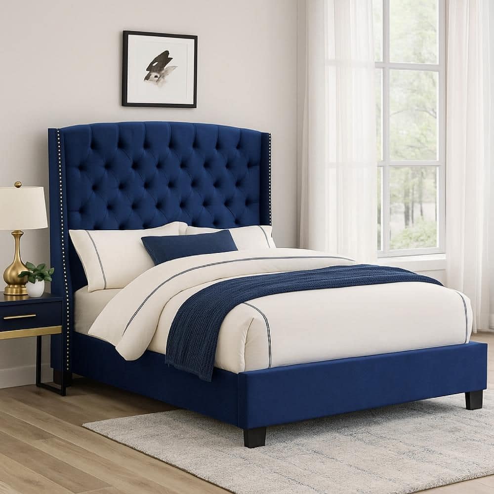 Benjara Mona Navy Blue and Walnut Brown Wood Frame Queen Panel Bed with ...