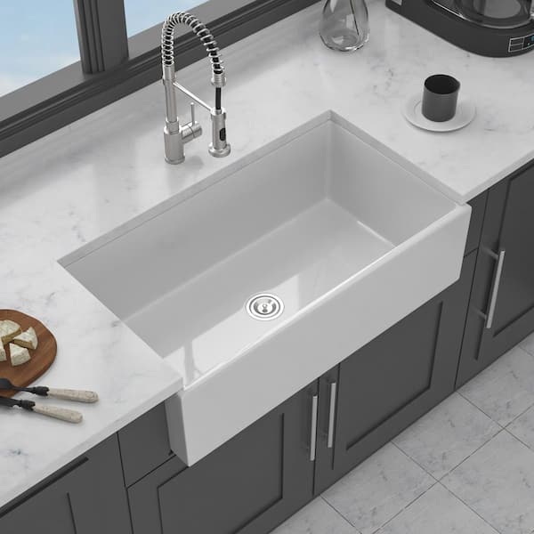 LORDEAR Ceramic White 36 in. Rectangular Single Bowl Farmhouse Apron ...