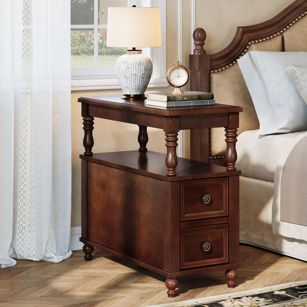 BYBLIGHT Vintage Brown 2-Drawer 11.8 in. W x 23.62 in. D Solid Wood ...