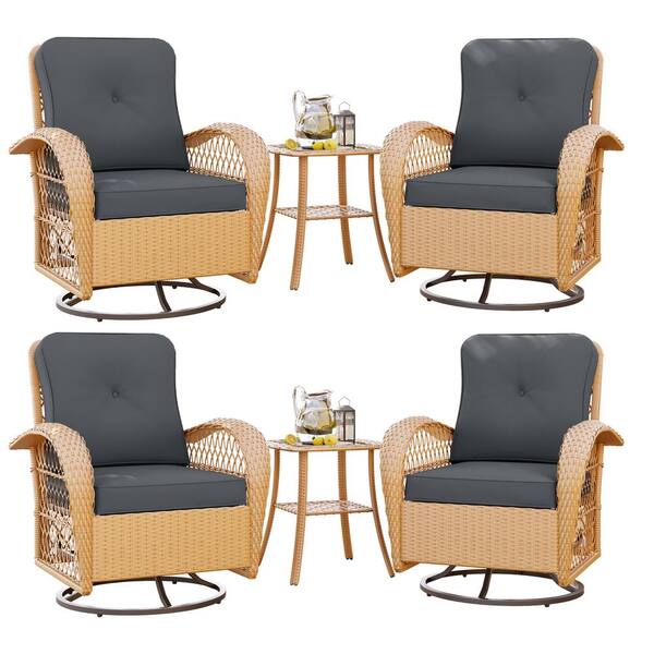 UPHA 6-Piece 360° Round Back Wicker Outdoor Rocking Chair Set with Dark ...