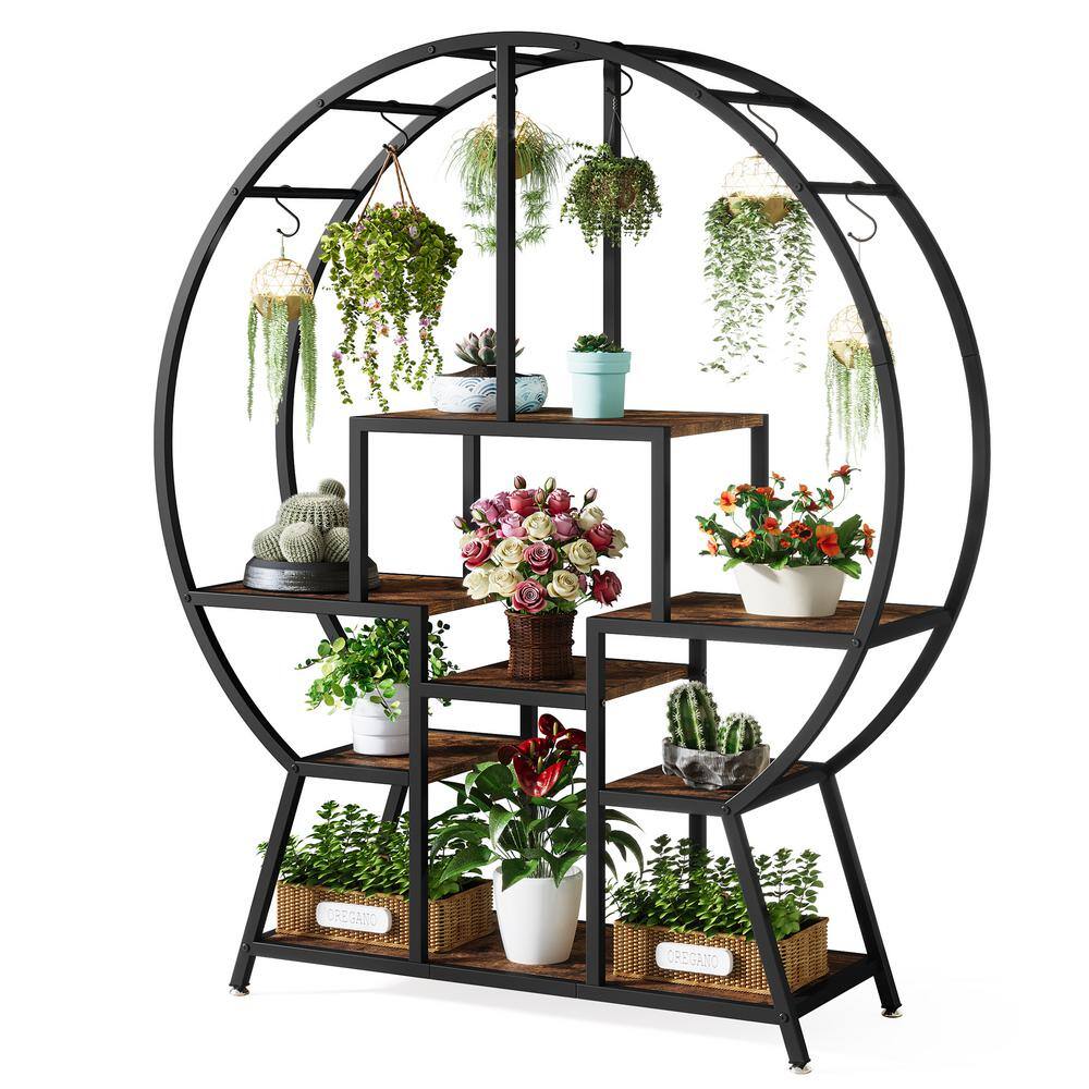 BYBLIGHT Wellston 65 in. H Rustic Brown Round Wood Plant Stand Indoor ...