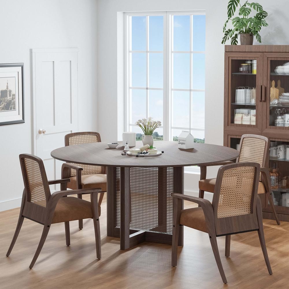 Reviews for Dovelina Cinna Walnut Wood 60 in. Round Double Pedestal ...