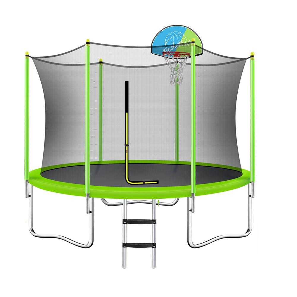 Miscool Ami 10 ft. Green Trampoline with Safety Enclosure Net, Basketball Hoop and Ball, Outdoor ...