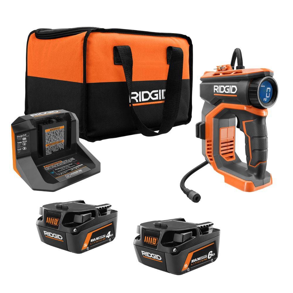 RIDGID 18V Cordless Portable Inflator with 18V 6.0 Ah and 4.0 Ah MAX ...