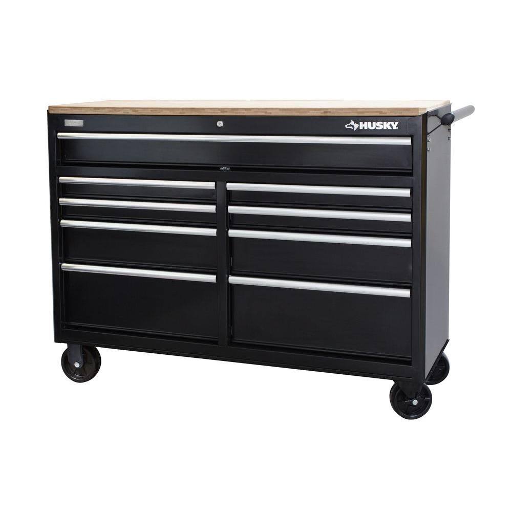 Husky 52 in. 9-Drawer Mobile Workbench with Solid Wood Top, Black ...