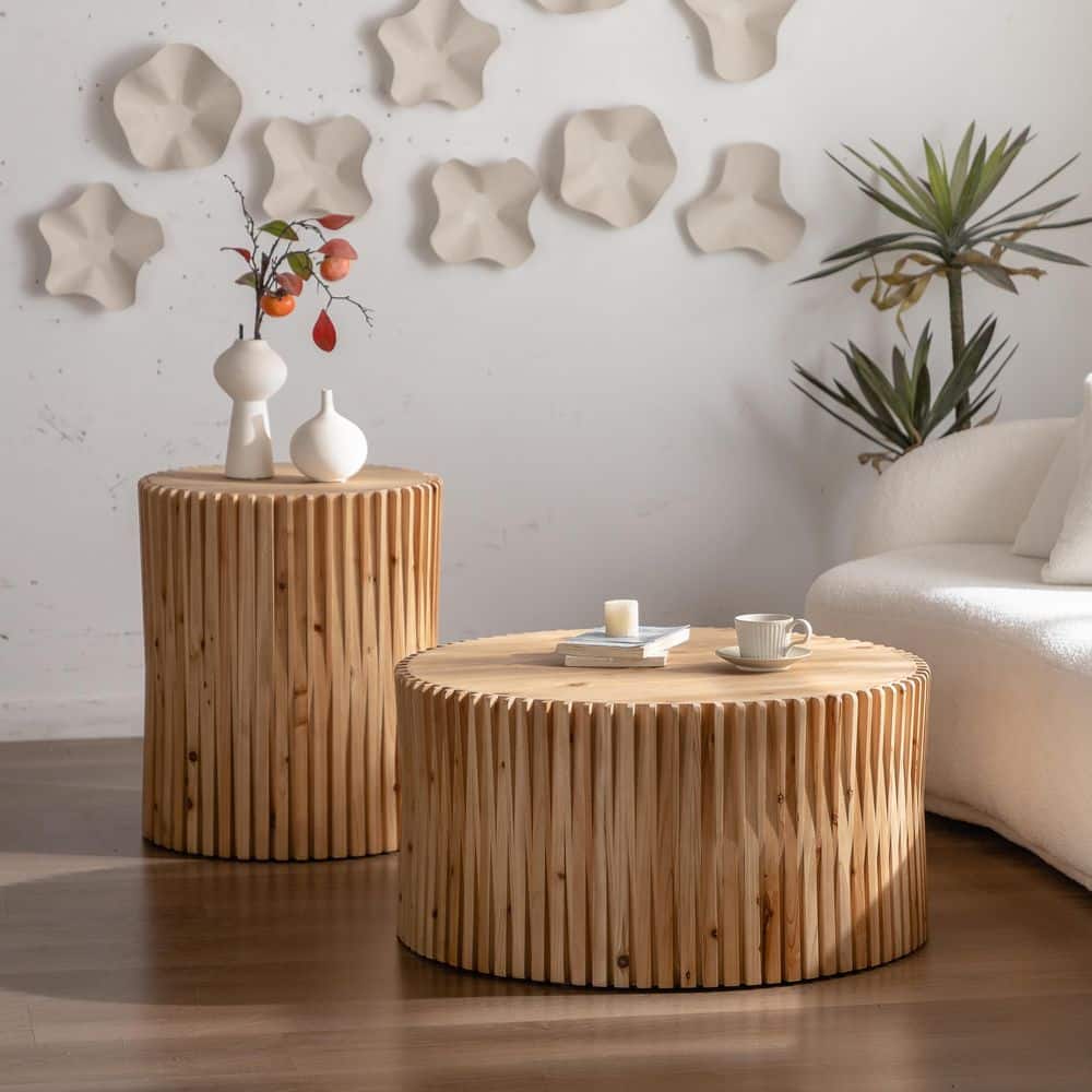 Clihome 31.5 in. Natural Round MDF End Table with Vertical Relief ...