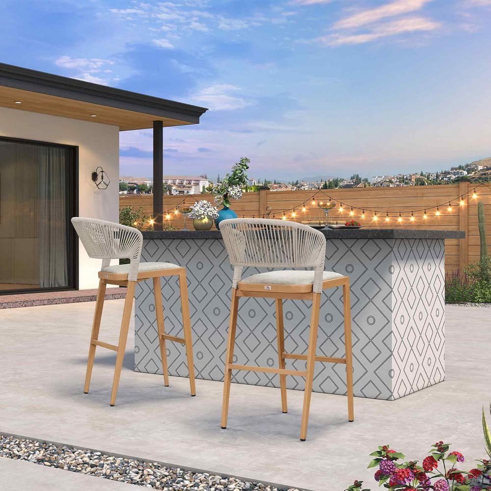 PURPLE LEAF Modern Aluminum Low Back Rattan Bar Height Outdoor Bar Stool with Backrest and Beige ...