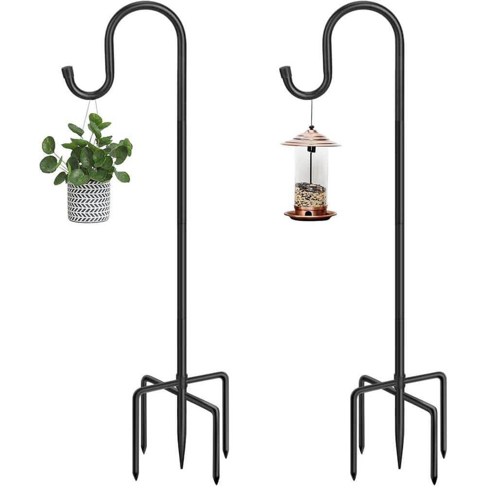 48 in. Black Metal Heavy Duty Shepherds Hook with 2 Hooks, 5-Prong Base ...
