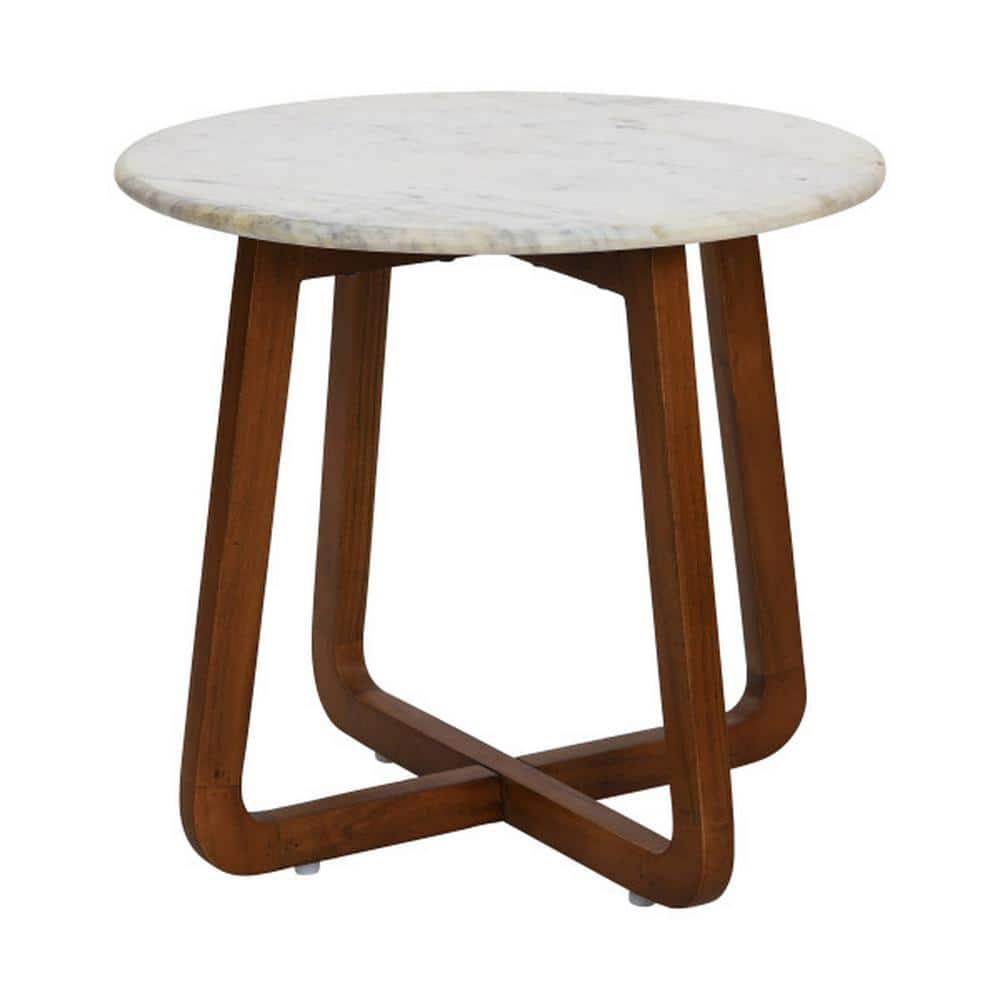 Storied Home 20 in. Mid Brown Stained Round Marble Top End Table with ...